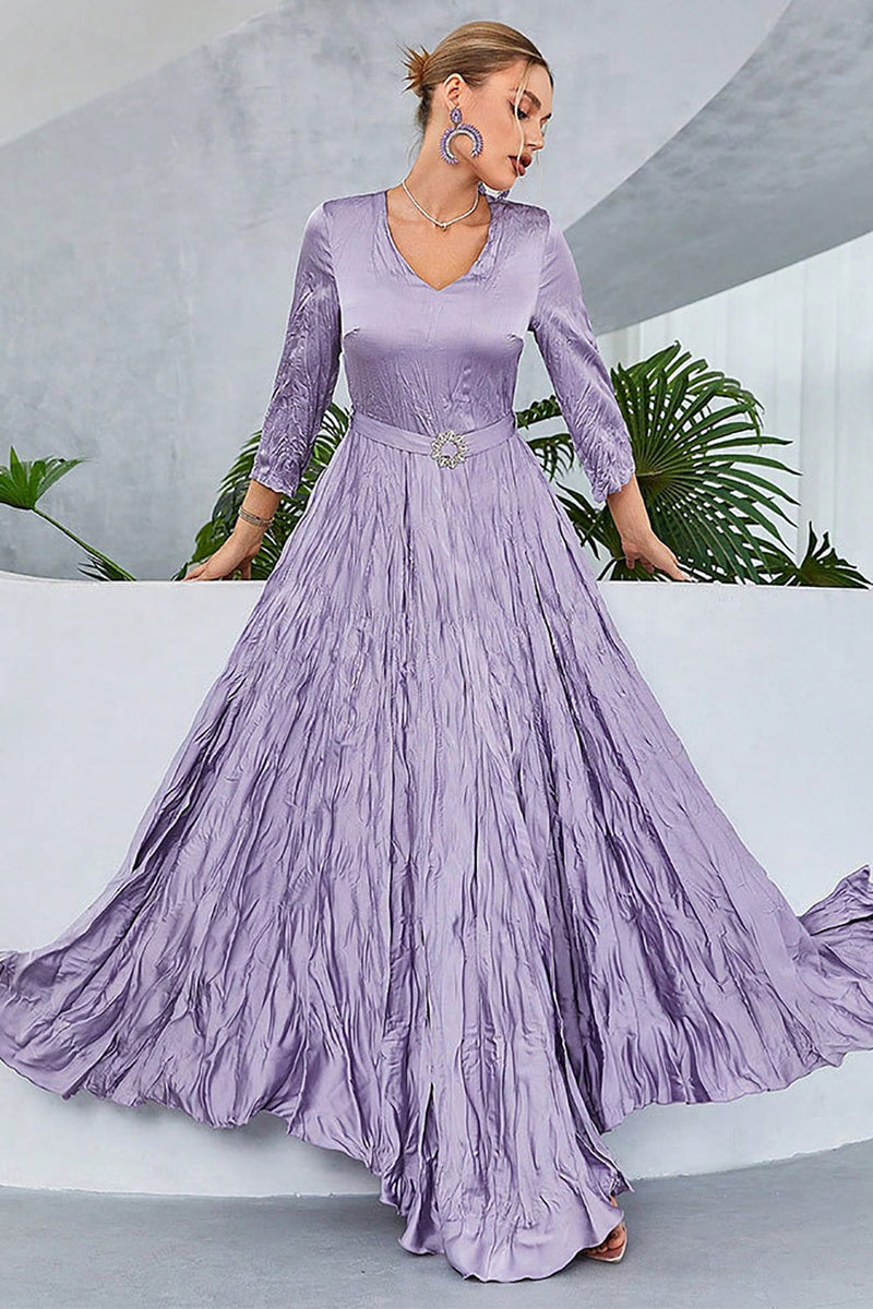 ZAPAKA Kvinner Lilac Plissert Lange ermer Prom Dress A Line Formell ...